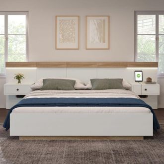Liberte Lit adulte 180x200 cm, Lit double avec chevets suspendus, led et ports usb, cadre en bois, sommier &agrave; lattes, ch&ecirc;ne + blanc