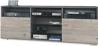 Vladon Meuble TV Granada, Lowboard avec 2 Portes et 6 Compartiments Ouverts, Corps Anthracite Mat, façades en chêne Nordique (146 x 54 x 35 cm)