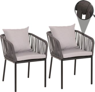 Mendler 2er-Set Gartenstuhl HWC-N41, Outdoor Armlehne, wetterfest Aluminium Seilgeflecht Rope - anthrazit Kissen grau