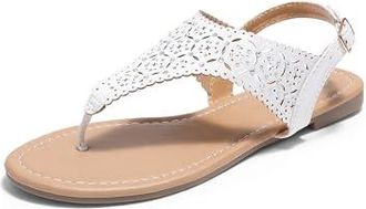 Dream Pairs Sandales à Bout Plat pour Femme Confortables et Elégantes Jolies Sandales de Plage avec Sangle en T MEDINIE,Size 38,Blanc,MEDINIE