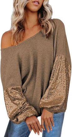 Generic Top femme &agrave; &eacute;paules d&eacute;nud&eacute;es &agrave; paillettes hauts pour femmes, pulls &agrave; la mode sweats occasionnels scintillants patchwork chemisiers &eacute;l&eacute;gants pull en tr