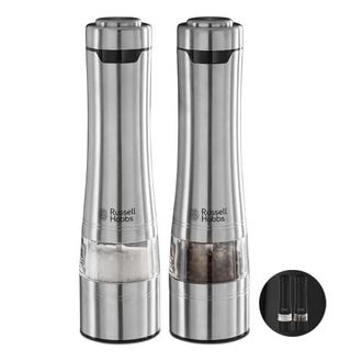 Russell Hobbs Set Moulins à Sel et Poivre électrique [2 Moulins automatiques] Acier brossé Inox (Finesse de broyage réglable, Meules en Céramique, pour épices séché