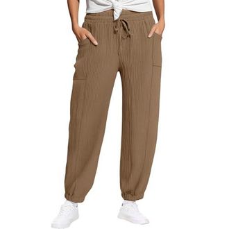 Generic Nuoke pantalon fluide femme &eacute;t&eacute;,Pantalon large en lin pour, d&eacute;contract&eacute;, ample, taille haute, pour la plage, avec poches Short Pyjama Carreaux (Coffee