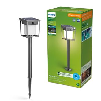 Philips Outdoor Ultra-Efficient Solar Blaise Sockelleuchte 1.5W, Linkable Funktion, Tageslicht- und Bewegungssensor, 3000 Kelvin, IP44, anthrazit