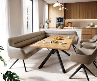 DELIFE Esszimmerbank Taya-Flex 285x190 cm Mikrofaser Beige Vintage Kreuzgestell kantig Schwarz Taschenfederkern Links, Eckb&auml;nke