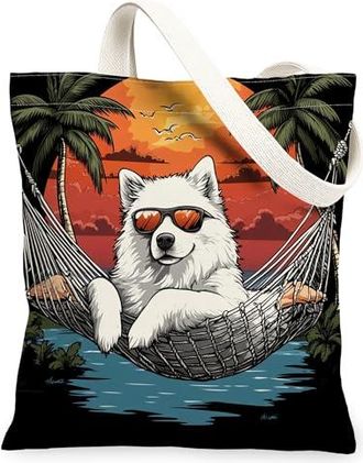 Generic Sac fourre-tout en toile motif chien samoy&egrave;de cool pour faire du shopping 33 x 38,1 cm, sac d&eacute;picerie r&eacute;utilisable en tissu &agrave; bandouli&egrave;re pour femme, 