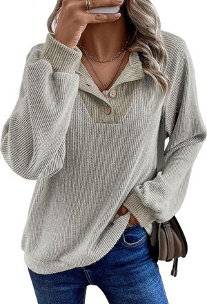 Dokotoo Damen Pullover V-Ausschnitt Knopfleiste Strickpullover Langarm Patchwork Henley Shirt Casual Geripptes Sweatshirt Herbst Winter Locker Oberteile Pulli