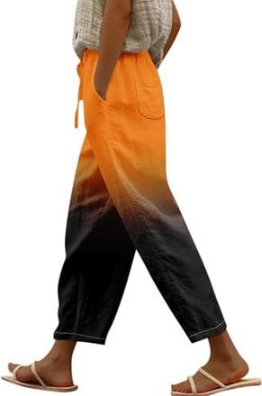 Generic Pantalon en coton et lin pour femme - Jambe large - Pantalon de plage d&eacute;t&eacute; pour femme - Confortable - Pantalon de yoga Palazzo XIYU26009, Orange, 3XL