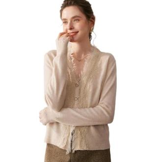 Generic NYSBH - Cardigan en cachemire pur pour femme - Automne/hiver - Pull tricot&eacute; en dentelle unie - Col en V - Pull chaud &agrave; simple boutonnage, Camel clair,