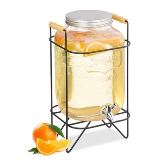 Relaxdays Getr&auml;nkespender mit St&auml;nder, Limobeh&auml;lter 8 l, Zapfhahn und Deckel, Wasserspender, Glas, transparent/schwarz
