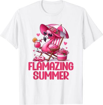 BDAZ Flamazing Summer Pink Flamingo Tropical Beach Scene Damen T-Shirt