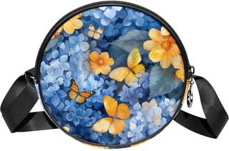 Generic Sac &agrave; bandouli&egrave;re rond pour femme, motif fleurs et papillons, petit sac &agrave; bandouli&egrave;re avec fermeture &eacute;clair, bretelles r&eacute;glables, sac &agrave; main rond d&eacute;co