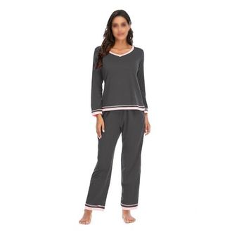 Generic Pyjama Femme Long Col V Ensemble Pyjama Ensemble 2 Pi&egrave;ces Haut &agrave; Manches Longues et Pantalon de Pyjama Jambe Large Confortable D&eacute;tente S-XXL(Gray,XXL)