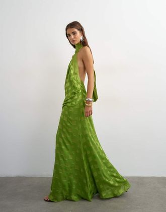 Topshop Maxikleid mit Neckholder, Raffungen an der Seite und Burnout-Quadratprint in Gr&uuml;n