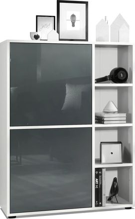 Vladon Highboard Schrank Anrichte Cuba mit 8 Fächern, Made in Germany, Korpus in Weiß matt/Fronten in Grau Hochglanz