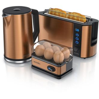 Arendo 3-teiliges Fr&uuml;hst&uuml;cks-Set, 2-Scheiben Langschlitz Toaster, 6er Eierkocher, Wasserkocher 1,5 Liter, Kupfer - Arendo