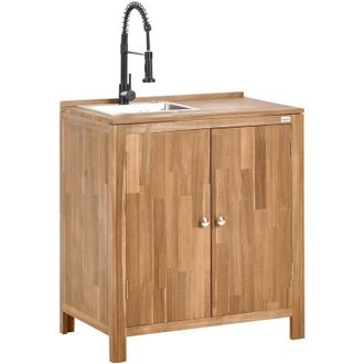Beliani Outdoor-K&uuml;chenschrank mit Sp&uuml;le VENOSA Akazienholz Braun / Schwarz