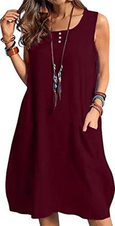 ORANDESIGNE Robe Casual Ete Femme Chic élégante Sexy Midi Robes Courte Dété Cou Rond sans Manches Boho Grande Taille Mode Rétro Plage Décontracté Ample E Vin Roug