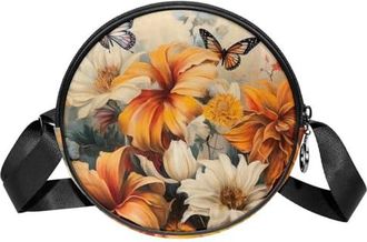 Generic Sac &agrave; bandouli&egrave;re rond pour femme, motif fleurs et papillons, petit sac &agrave; bandouli&egrave;re avec fermeture &eacute;clair, bretelles r&eacute;glables, sac &agrave; main rond d&eacute;co