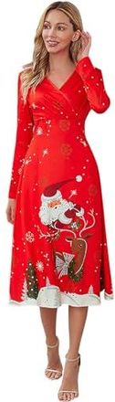 Generic Robe De Noel Femme Manches Longues, Robe De Noël Femme Col V Mini Imprime Decontracte Costume De Pere Noël Coupe Tendance Cocktail Dress Loisirs Cool 