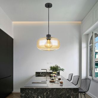 Globo Lighting Pendellampe Hängelampe Wohnzimmerleuchte amber Esstischlampe modern bauchiger Glasschirm, Metall schwarz matt, 1x E27 Fassung, DxH 28x120 cm