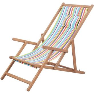 vidaXL Vidaxl - Chaise de camping pliable en bois deucalyptus - Inclinable 3 positions - Tissu imperm&eacute;able multicolore - Largeur 60 cm - Hauteur r&eacute;glable