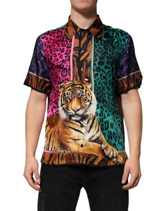 Dolce & Gabbana Mens Multicolor Silk Tiger Print Hawaiian T-Shirt
