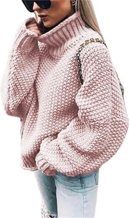 Generic Pull surdimensionn&eacute; &agrave; col roul&eacute; en grosse maille torsad&eacute;e pour femme, rose, XXL