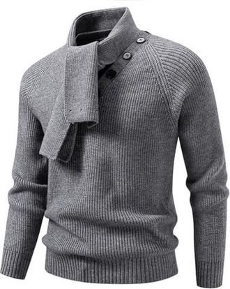 Generic Pull en polaire pour homme - Pull dhiver en tricot avec col montant et fermeture &agrave; boutons - Pull &agrave; manches longues avec &eacute;charpe pour lhiver, Gris (01