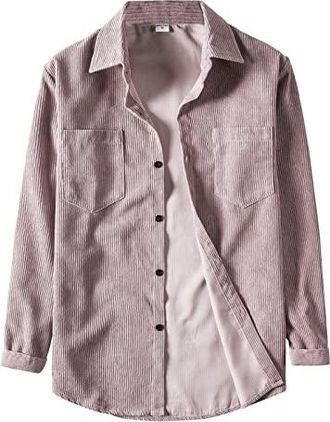 Generic Chemise décontractée en velours côtelé de couleur unie pour hommes, chemise à revers à manches longues, chemise décontractée à revers décontracté, cou