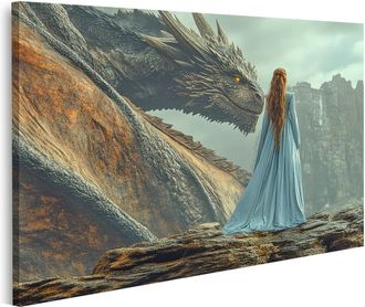Islandburner Bild auf Leinwand Begegnung zwischen Drache und Frau in mystischer Landschaft für Wohnzimmer Fantasy-Liebhaber Buchhandlung Bilder Wandbilder Poster