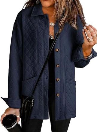 Generic Veste matelass&eacute;e d&eacute;contract&eacute;e boutonn&eacute;e &agrave; manches longues pour femme, manteau matelass&eacute; l&eacute;ger et d&eacute;contract&eacute; avec poches, noir fonc&eacute;, XXL