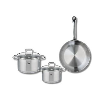 Fackelmann ELO 9696550 Batterie de cuisine 3 pièces, Ensemble de 1 Poêle de cuisson 28 cm et 2 faitouts 16 et 20 cm Elo Profi Citrin, inox, induction