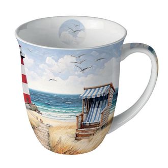 Ambiente Kaffeetasse Henkelbecher Teetasse Mug 0,4 l Fine Bone China Porzellan Meer See Strand Leuchtturm Strandspaziergang Serie Beach walk