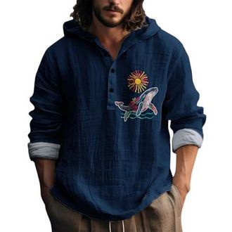 Generic Chemise &agrave; manches longues pour homme, chemise d&eacute;t&eacute; grande taille, chemise d&eacute;contract&eacute;e &agrave; capuche, imprim&eacute; tendance, demi-boutons, haut confortable, co