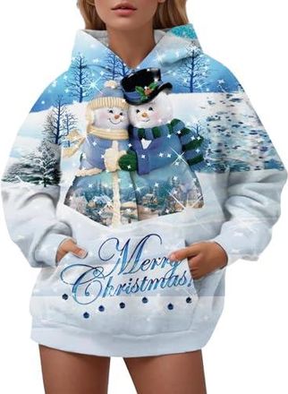 Generic Femmes L&acirc;che Automne Hiver Top No&euml;l Mignon Bonhomme de Neige Imprimer Casual Pullover Hoodie Sweatshirt, bleu, XXL