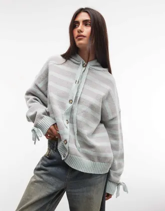 Daisy Street Strickpullover mit Knopfleiste und Kapuze in petrolgrauem Streifenmuster-Multi