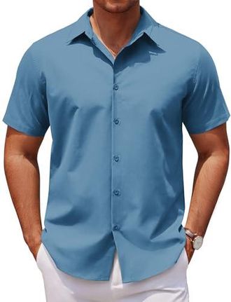 Coofandy Chemise à Manches Courtes pour Homme Coupe Ajustée Boutonnée Chemise Décontractées daffaires Classique Chemisette Été Leger Bleu Gris M