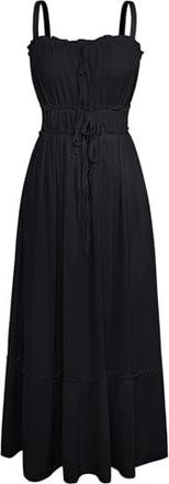 Grace Karin Robe dété décontractée pour femme, bretelles spaghetti, taille haute, coupe trapèze, robe de soleil pour la plage, Noir, XL