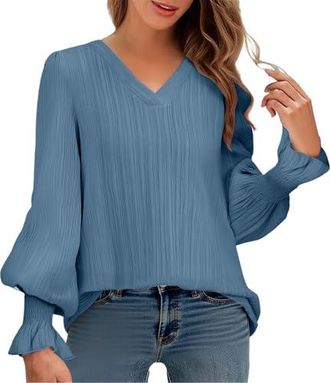 Generic Tunique &eacute;l&eacute;gante pour femme, haut &agrave; manches lanternes, t-shirt d&eacute;contract&eacute; en mousseline de soie, chemisier tendance en &eacute;tamine, t-shirt &agrave; manches lon