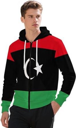 Generic Veste &Agrave; Capuche Homme Enti&egrave;rement Zipp&eacute;e Libye Imprim&eacute; Drapeau Sweat-Shirt Manches Longues Style Universitaire V&ecirc;tements D&eacute;contract&eacute;s Sweat-Shirt &Agrave; Ca