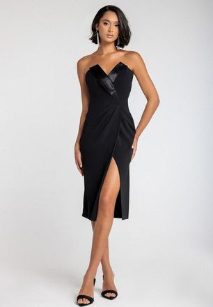 Goddiva Midikleid Satin Collar Scuba Midi Dress Satinkragen, Wickeloptik, figurbetont, Beinschlitz, klassischer Look