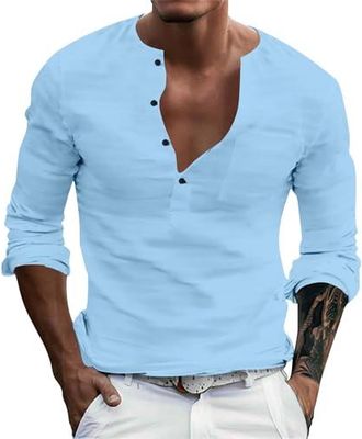 Generic T-shirt &agrave; manches longues pour homme - Style vintage - En coton - Grandes tailles - Col montant - Chemise de plage - Col rond - Chemise d&eacute;t&eacute; &eacute;l&eacute;gante 