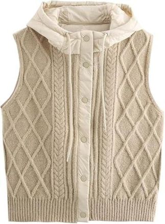 Generic Gilet matelass&eacute; &agrave; capuche en tricot l&eacute;ger et rembourr&eacute; sans manches pour femme, kaki, Taille unique