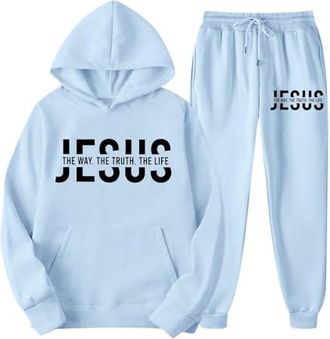 Generic Survêtement pour femme avec motif Jésus et lettres chrétiennes, ensemble deux pièces comprenant un sweat à capuche et un pantalon de course., bleu, XX