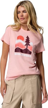 Columbia Damen Ruby Springs Graphic Fitted Short Sleeve, Pink Sand/Get Hiked, XX-Large