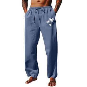 Generic Pantalon de plage pour homme en lin imprim&eacute; cocotier - Taille &eacute;lastique - Cordon de serrage - Jambe droite - Coupe ample - Couleur unie - Pantalon de 