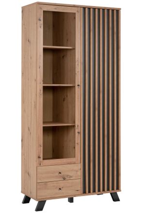 MID.YOU Mid.you Vitrine, Anthrazit, Eiche Artisan, Glas, Holzwerkstoff, 8 F&auml;cher, 2 Schubladen, 92x198x40 cm, Wohnzimmer, Wohnw&auml;nde, Vitrinenschr&auml;nke