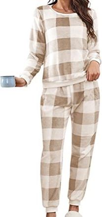 Minetom Femme Pyjama Ensemble 2 Pièces Hiver Manche Longue Chaud Doux Polaire Carreaux Vêtements de Nuit Intérieur Deux Pièces Tops et Pantalon A Marron XS