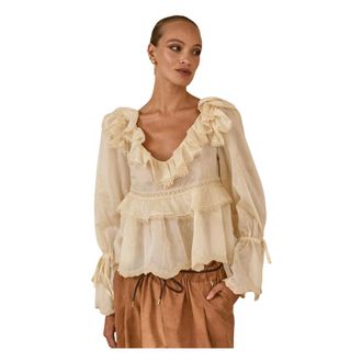 Souvenir Femme, Blouses et Chemises, Beige, Taille: 42 FR Tunique en Lyocell avec Broderie et Volants